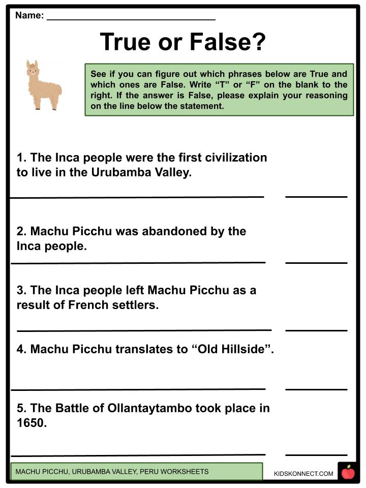 Machu Picchu & Urubamba Valley Facts & Worksheets For Kids