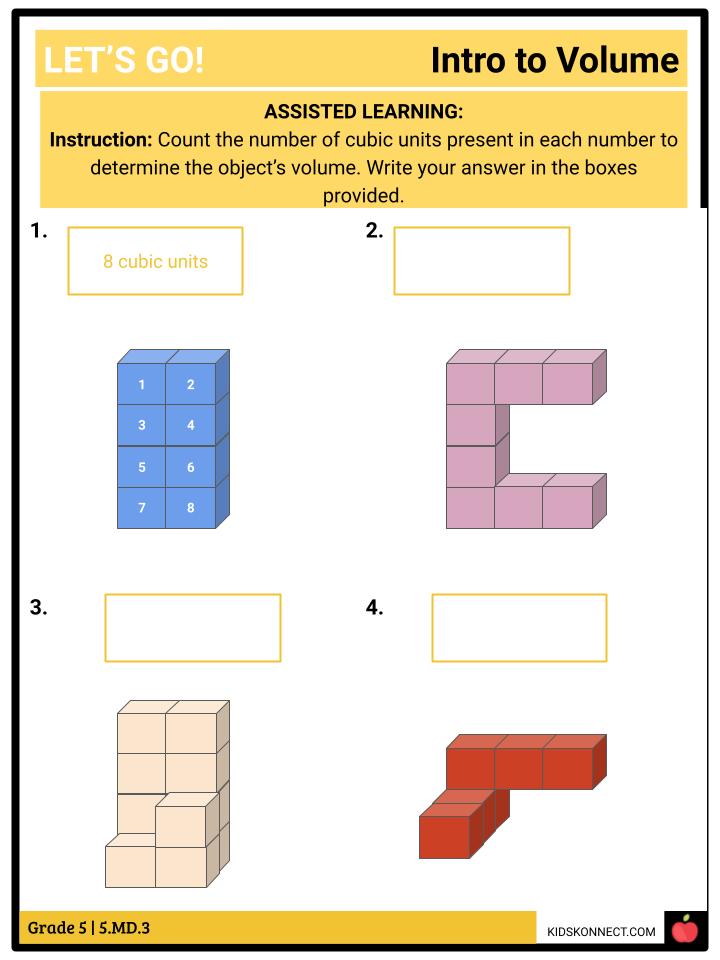 Measurements and Data Intro to Volume CCSS 5.MD.3 Facts & Worksheets