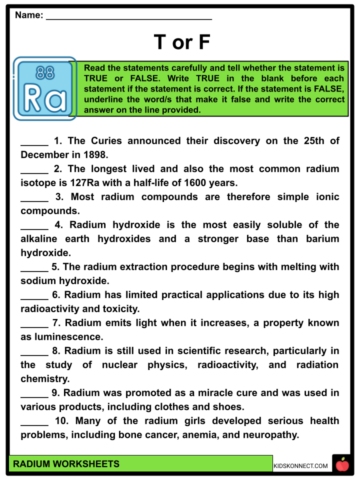 Radium Worksheets | Element Properties, Production, Applications